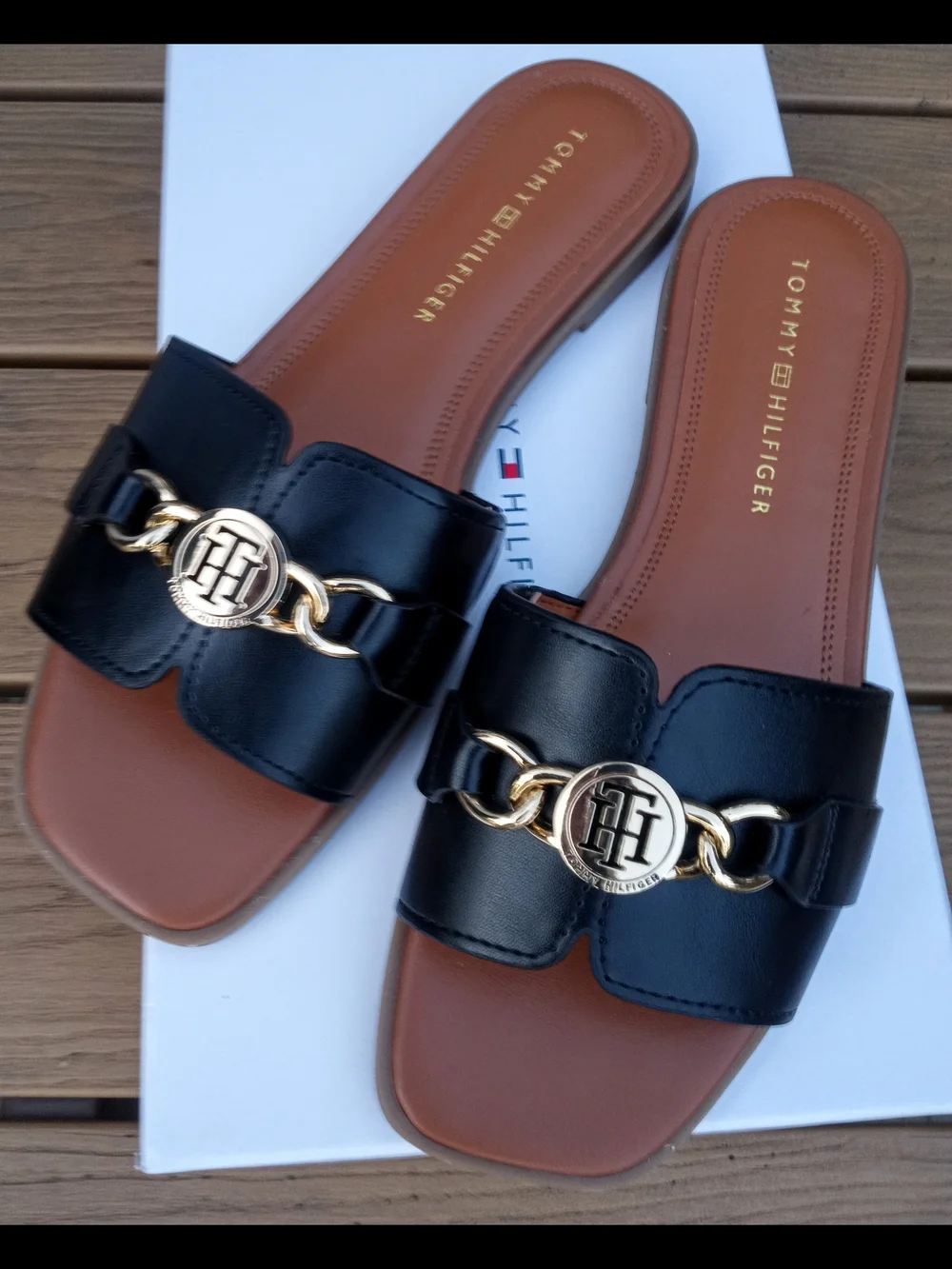 Tommy Hilfiger | Shoes | Tommy Hilfiger Black Leather Slide Mules With ...